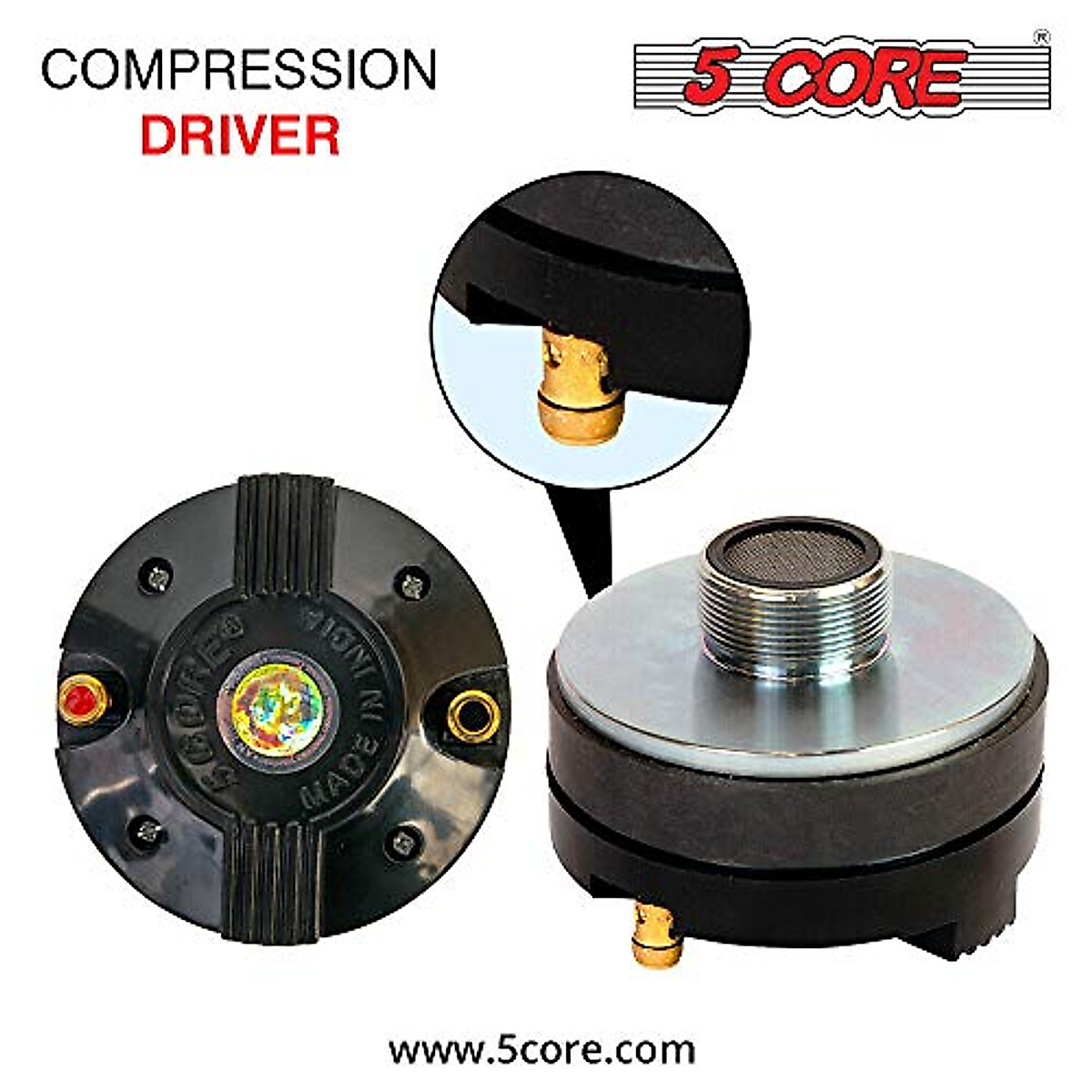 5 CORE 400 Watts Compression Driver - Screw-on Horn Speaker 40W RMS - 1.34" Voice Coil with Titanium Diaphragm - Bolt on Throat Style Tweeter with Super Strong Ferrite Magnet - 8 ohms Impedance CD90