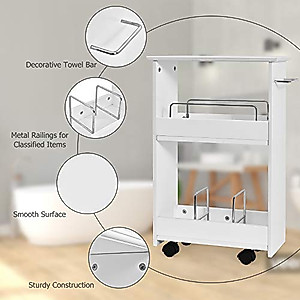 Tangkula Slim Bathroom Storage Shelves, Wooden Rolling Storage Cabinet w/ 3-Tier Shelves, Lockable Wheel, Towel Bar, Side Storage Organizer for Kitchen, Bathroom, Laundry, 18 x 8 x 25.5 inches (White)
