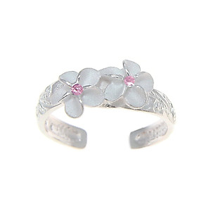 Arthur's Jewelry 925 sterling silver Hawaiian 2 plumeria flower scroll pink cz toe ring