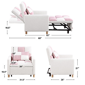 YESER Sleeper Sofa Bed, Lounge Sofa Bed Couch 3-in-1, Teddy Fabric Pull Out Sofa Bed, Convertible Sofa Bed Sleeper Chair with Pillow, Home Sofa Living Room Recliner Sofa Couch, Sofa Cama, Pink