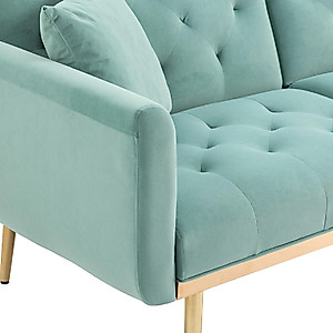 EXZLFA Velvet Sofa Couch,Convertible Sleeper Sofa Bed with Gold Metal Legs and 2 Pillows,Folding Futon Accent Upholstered Loveseat for Living Room Bedroom Office (Mint Green Polyester)