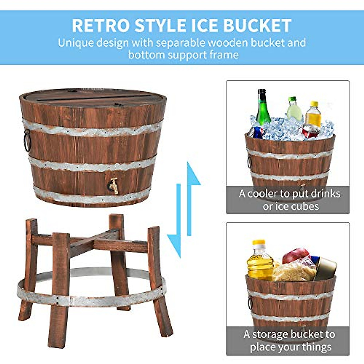 Outsunny 13 Gallons Retro Style Wooden Cooler Ice Bucket with Support Frame, Foldable Flip Cover, and Drain Faucet