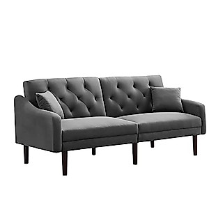 KoiHome Velvet Futon Bed with Adjustable for Backrest, Sleeper Sofa with Two Pillows, Modern Couch with Handrail and Wood Legs, Upholstered Loveseat for Living, Bedroom,Office,Waiting Room, Grey