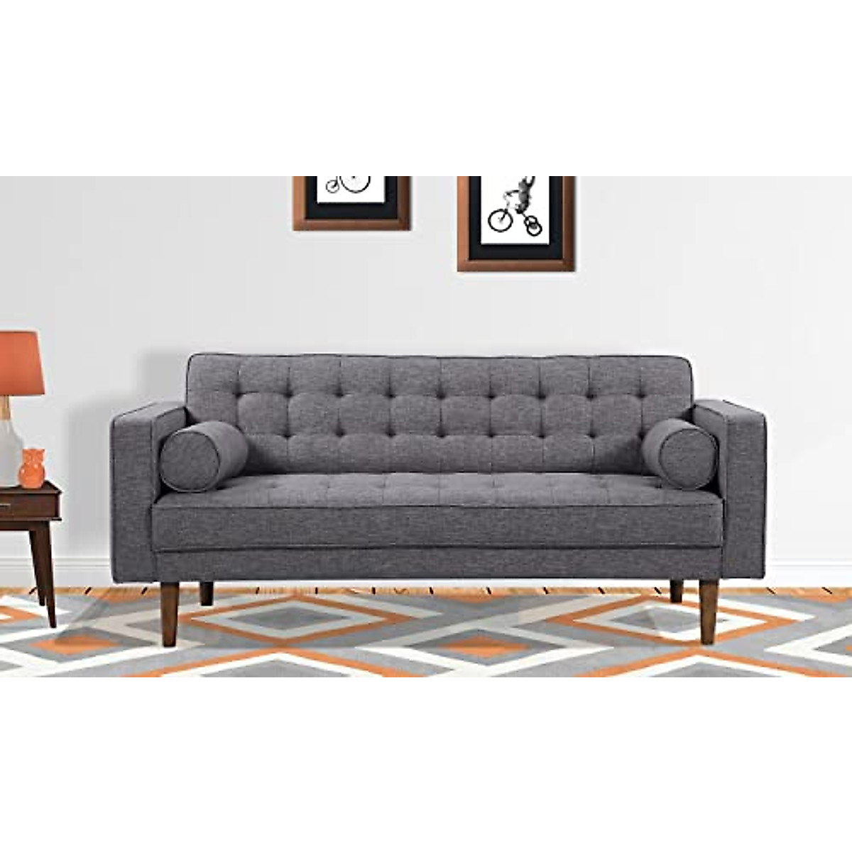 Armen Living Element Loveseat in Dark Grey Linen and Walnut Wood Finish, 67 x 30 x 34