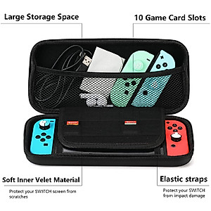 Carrying Case Compatible with Switch 2017 / Switch OLED 2021 Console Joy-Con with 10 Game Card Slots , Halloween pattern design with witch hat, magic wand, star and broom
