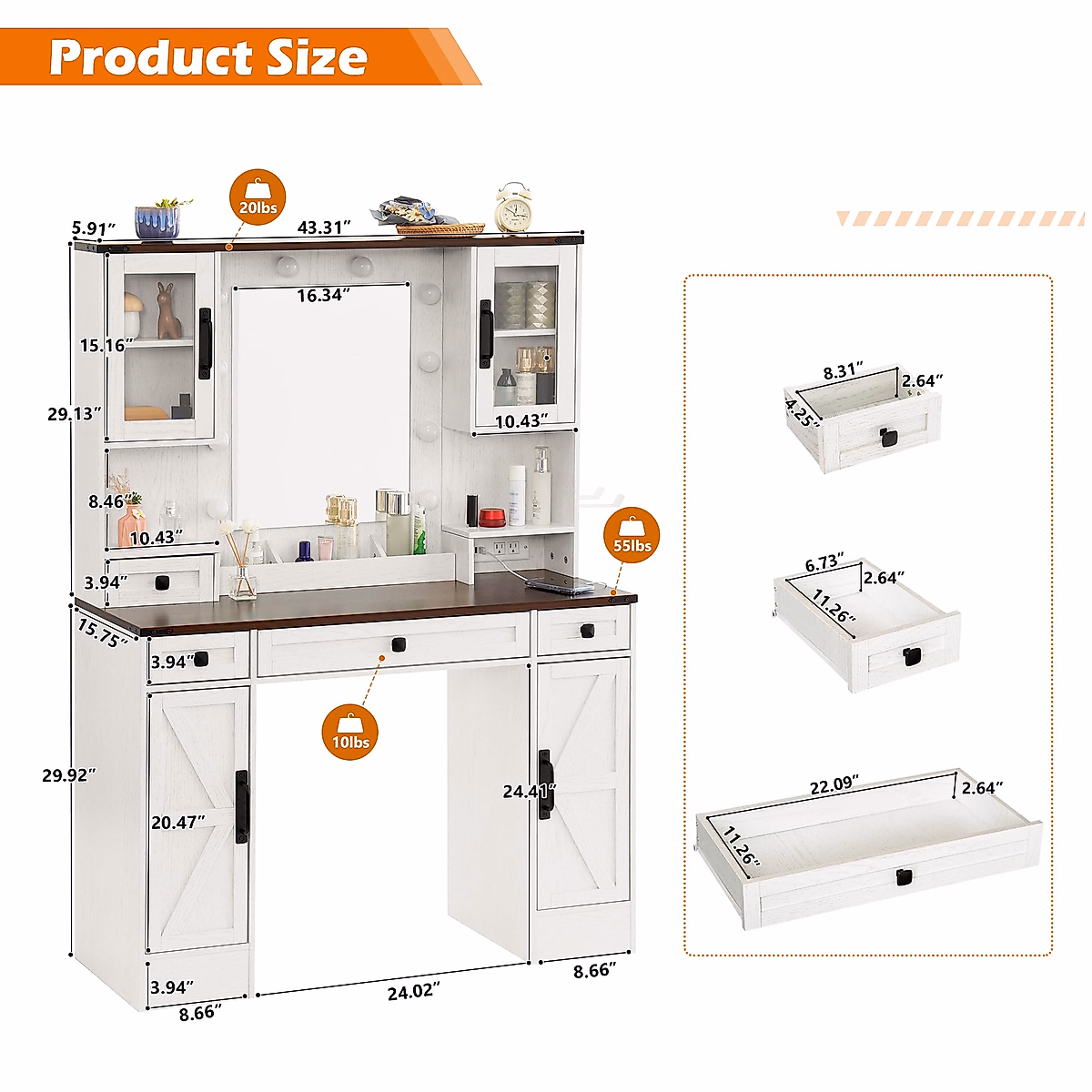 Farmhouse Makeup Vanity with Mirror and Lights,43" Wide Vanity Desk with Power Strip,Vanity Table with 4 Drawers and Cabinets,3 Color Modes & Adjustable Brightness, Makeup Table for Bedroom