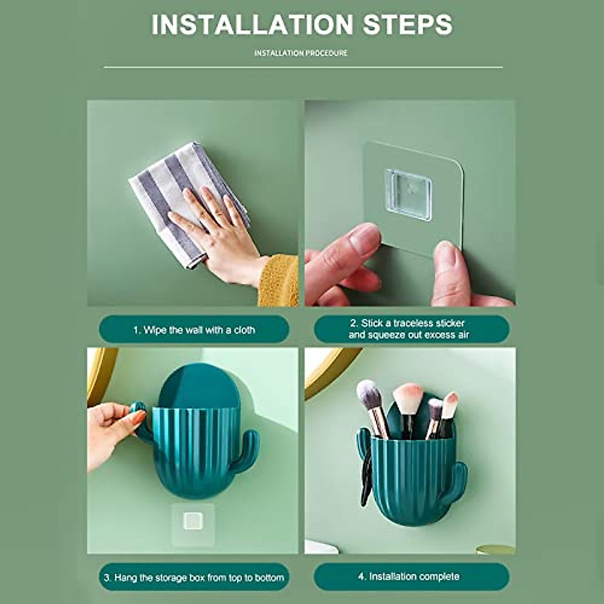 Gecau 4PC Cactus Shape Storage Box - Punch-Frees Cartoon Soap Holder - Wall Mounted Makeup Tool Container for Shower Toilet Bathroom Kitchen