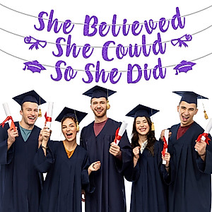 Purple Glitter She Believed She Could So She Did Banner, Class of 2024/So Proud of You/She Did It, 2024 Congrats Grad Graduation Party Decorations