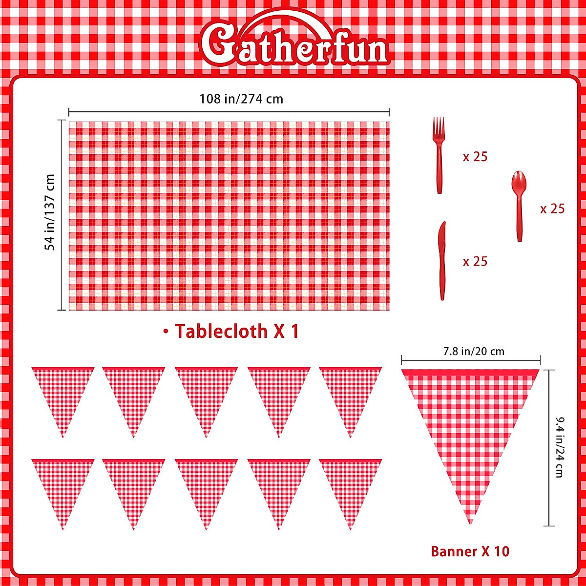 Gatherfun Gingham Red and White Party Supplies Disposable Paper Plates Napkins Cups Knives Spoons Forks Tablecloth Banner for Birthday Party Family Dinner Picnic Barbecue Mother's Day Party, Serve 25