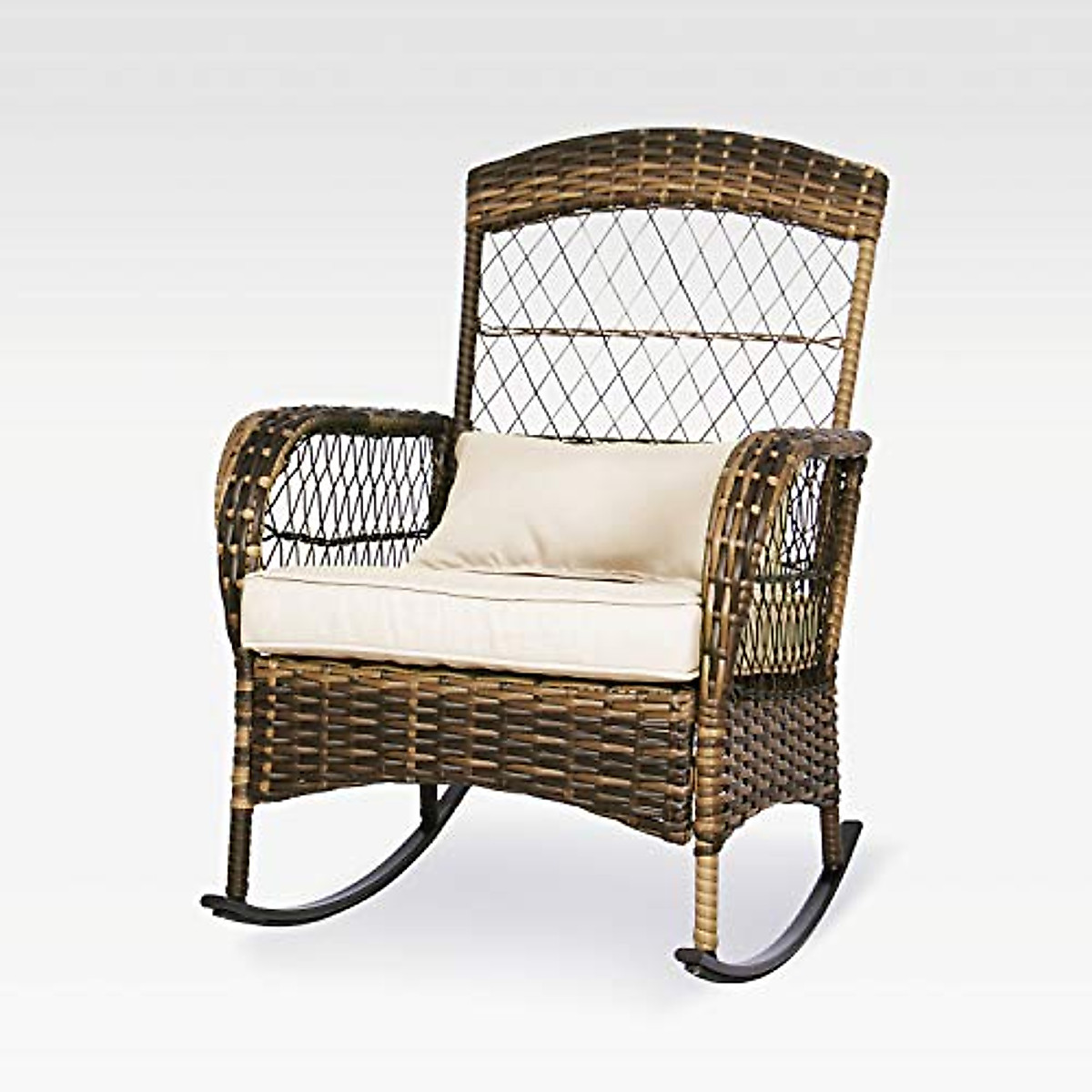 ENSTVER 3 Pieces Patio Conversation Set w/ 2 Rattan Wicker Rocking Chairs and Glass Table,for Garden Backyard Lown Porch (Beige)