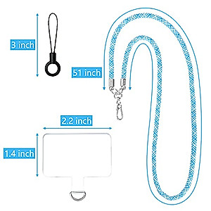 Cell Phone Lanyard Around the Neck, Crossbody Phone Strap with Ring Grip and Transparent Pad for Most Smartphones ID Badges Bagpack Keychain Camera Walking Hiking (BlueWhite, Long)