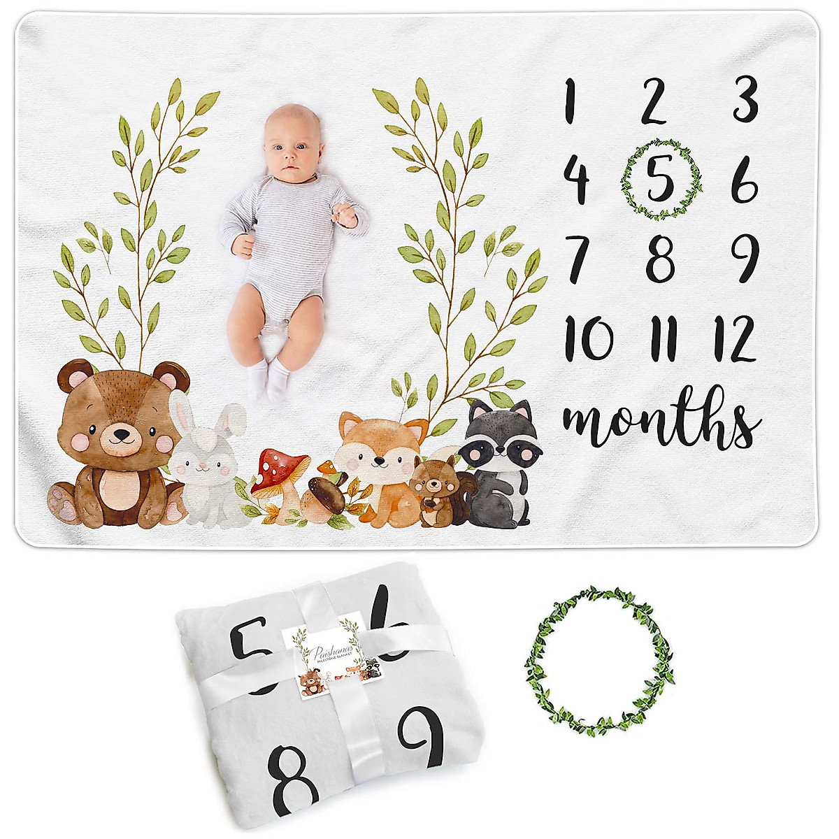 Paishanas Baby Monthly Milestone Blanket Boy or Girl Woodlands Baby Milestone Blanket Premium Fleece Monthly Baby Milestone Large Size Milestone Blanket for Baby Boy Baby Photo Blanket