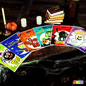 JOYIN 72 PCS Halloween Candy Bag for Trick or Treat, Halloween Treat Bags with 6 Designed Characters, Halloween Plastic Goodie Gift Bags for Party Favors Party Supplies
