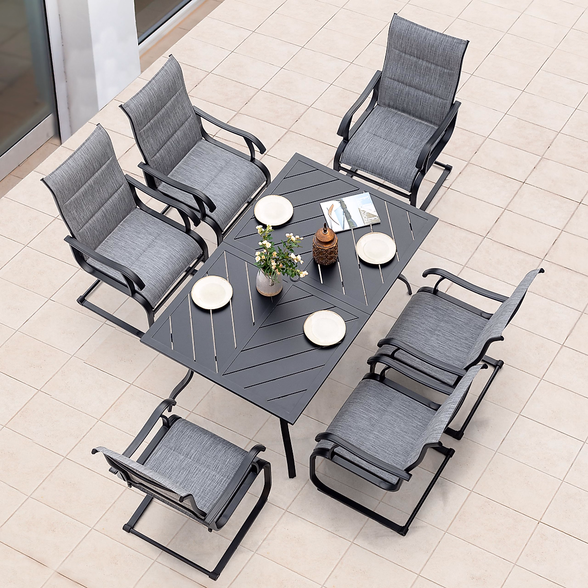 NUU GARDEN 7 Piece Outdoor Dining Set, 6 All Weather Padded Textilene Patio Chairs and 61" Rectangular Dining Table with 1.77" Umbrella Hole, for Garden, Patio, Light Grey and Black