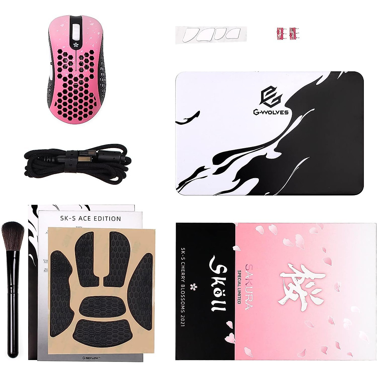 Gwolves Skoll Mini SK-S Sakura 50g Ultralight Weight Honeycomb Design Ergonomic Gaming Mouse with 3389 Sensor - PTFE Skates - 16,000DPI - Detachable Cable (Pink) (Small)