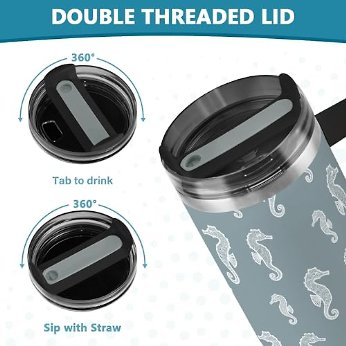 SDMKA 30oz Stainless Steel Tumbler with Straw and Handle, Vacuum Insulated Double-Walled Travel Mug, BPA-Free Leakproof Cup for Hot/Cold Beverages, Seahorses