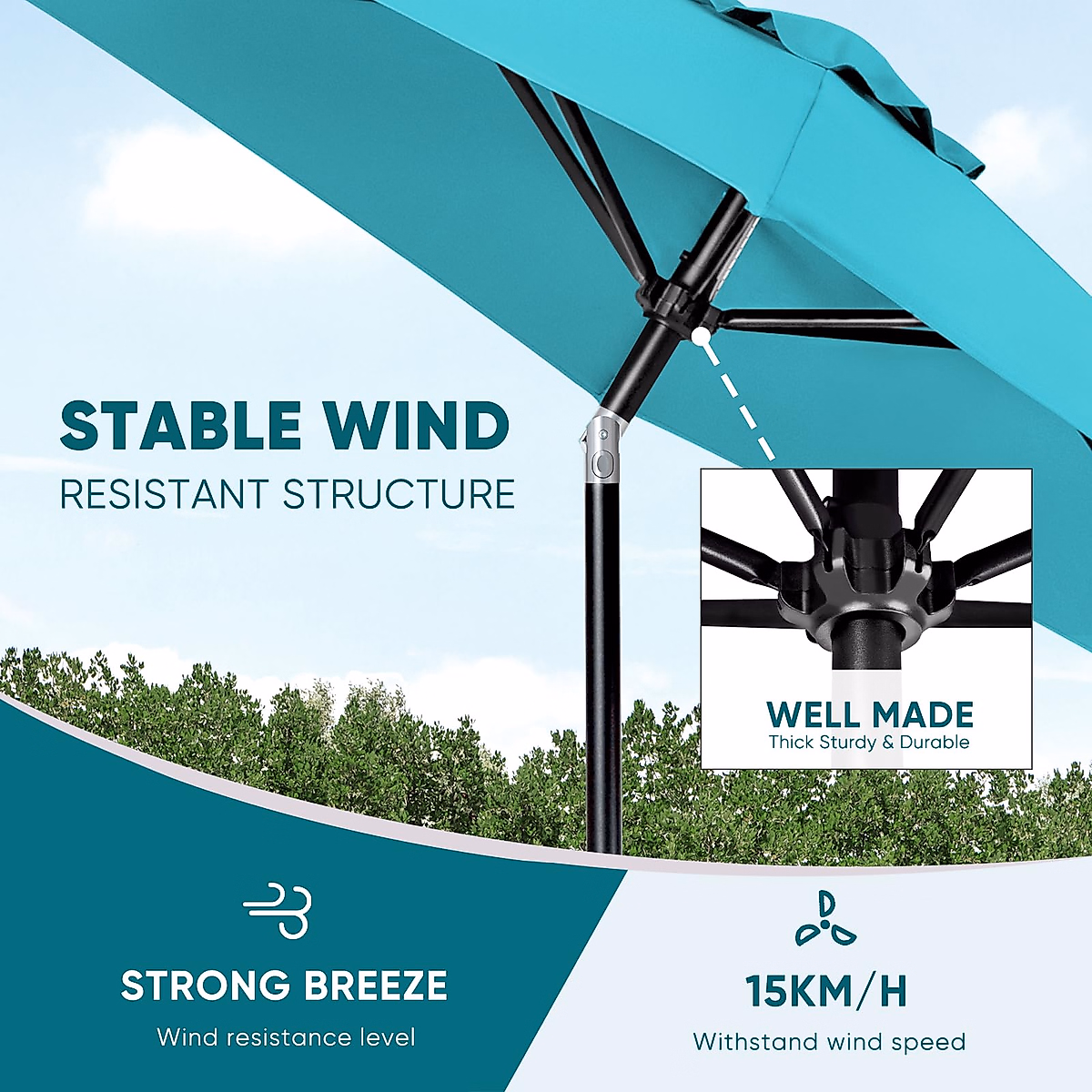 Tempera 10ft Patio Market Outdoor Table Umbrella with Push Button Tilt and Crank,Large Sun Umbrella with Sturdy Pole&Fade Resistant Canopy,Easy to Set, Turquoise