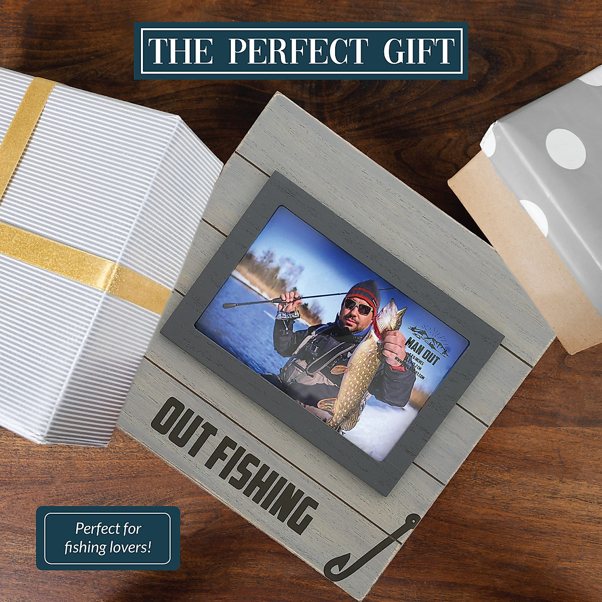 Pavilion - Out Fishing Wood Tabletop Picture Frame, Holds 4 x 6-inch Photo, Rustic Picture Frames, River Vacation Photo Frame, Fishing, 1 Count, 8.75 x 8.75 inches Overall in Size,Gray