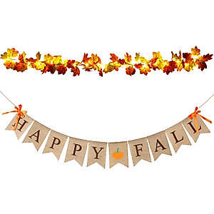 Thanksgiving Maple Leaf Garland Artificial Fall Foliage Garland and 20 LEDs String Light and Happy Fall Burlap Banner Thanksgiving Pumpkin Bunting Flag Garland for Autumn Thanksgiving Window Decor