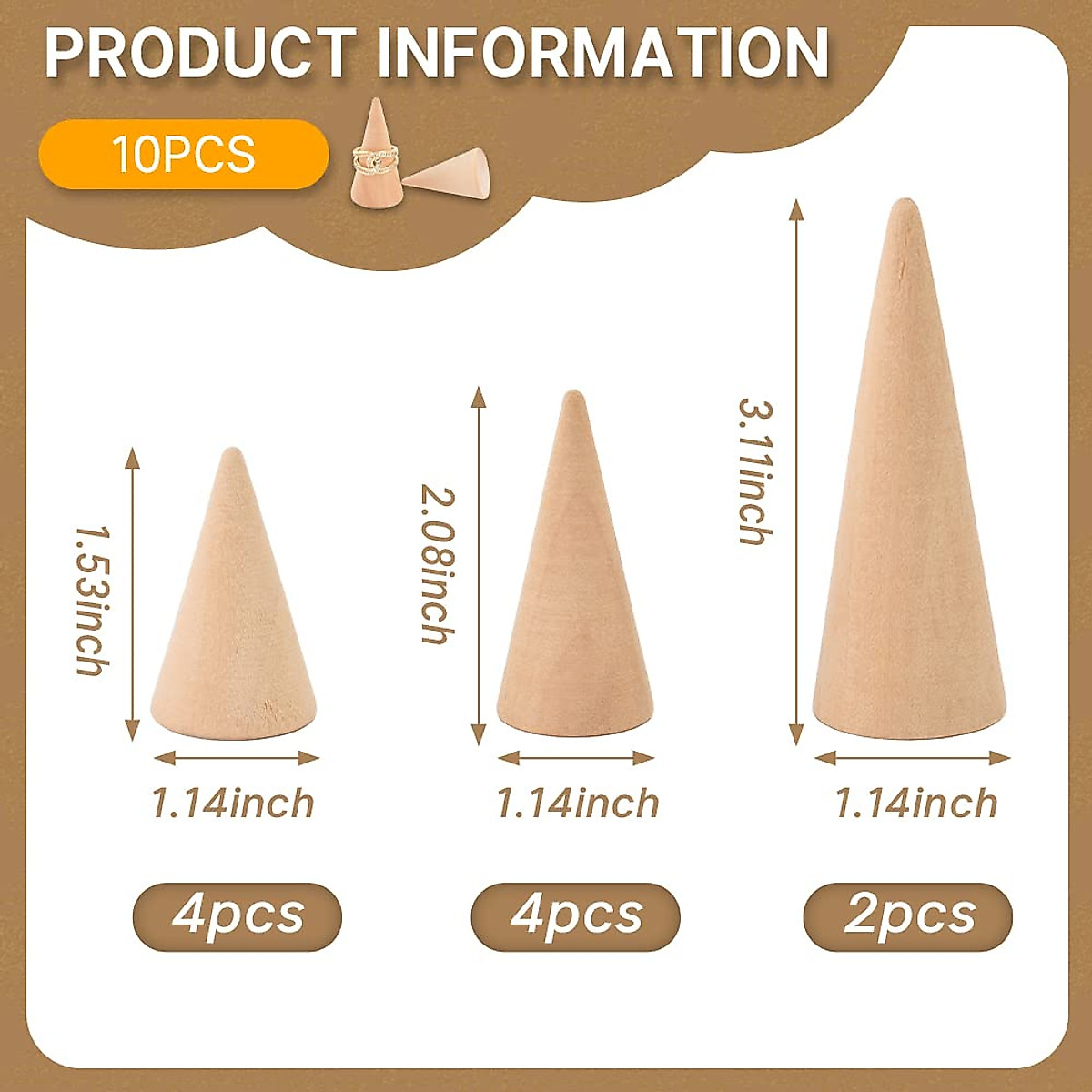 Luckforest Natural Wood Cones, 10Pcs 3 Different Sizes Wood Cone Rings Holder Jewelry Display Stand Vertical Shaped Unpainted Wooden Cones for Girls Women DIY Craft