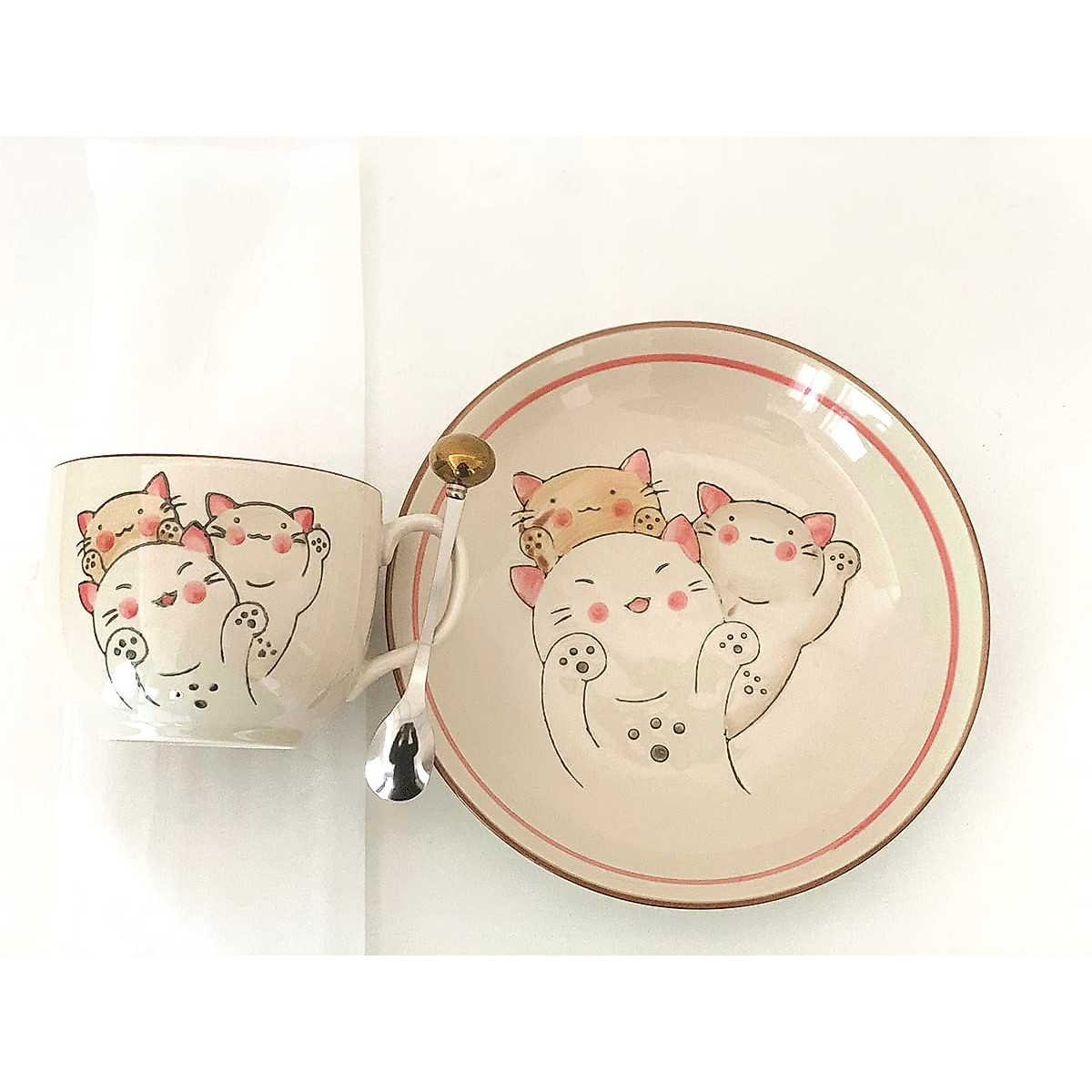 LAKistagu White Pasta Serving Bowls 24 Ounce,White Ceramic Cute Japanese Salad Dinner Bowl Plates.8 Inch Porcelain Pasta Shallow Bowl Deep Plate.(Round Cat)