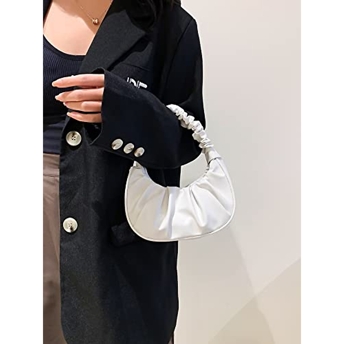 Verdusa Women's Ruched Leather Hobo Handbag Satchel Bag Mini Purse White one-size