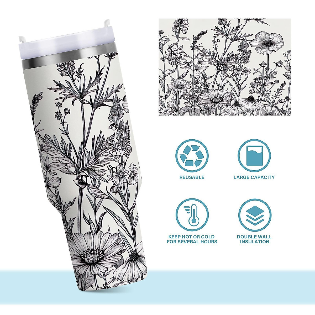 KEEPREAL 40 oz Black and White Flowers Tumbler with Handle, Insulated Sports Water Bottle with Lid and Straw, Thermal Stainless Steel Travel Coffee Mug Cup #230