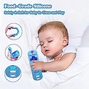 ERSIHUA 2-Pack Silicone Baby Teething Toys, TV Remote Teethers for 6-12-18 Months Infant, Fire Remote Shape Toddlers Silicone Teethers for Boys and Girls Sensory Toy(Black+Blue)