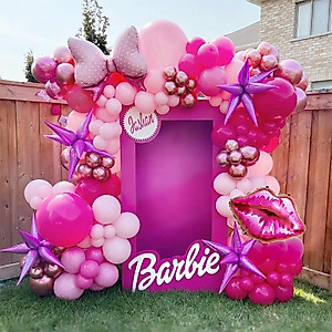 Pink Balloon Garland Arch Kit, Hot Pink Rose Gold Metallic Balloon, Bow Starburst Lip Foil Balloon, Hot Pink Balloons for Girls Birthday Princess Theme Bridal Shower Baby Shower Party Decorations