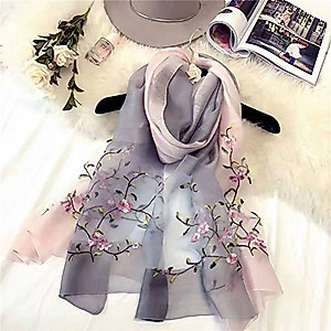 GOFINEE Women Silk&Wool Gradient Embroidered Scarf Headwrap Shawl Pink