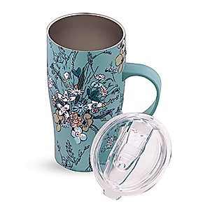 Vera Bradley Coffee Tumbler with Handle, 18 Ounce Stainless Steel Mug with Lid, Green Floral Metal Thermal Cup, Sunlit Garden Greek Sage