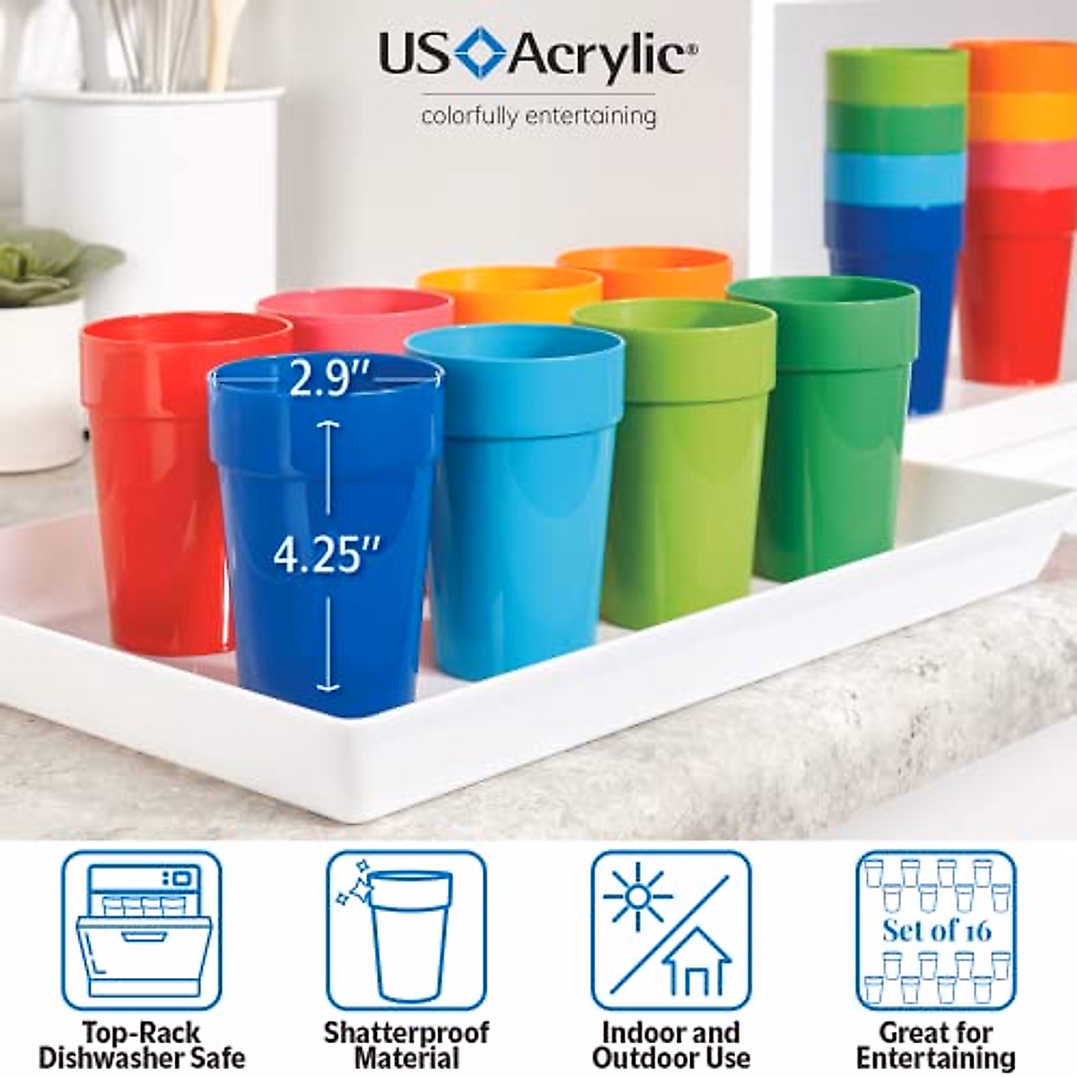 US Acrylic Spectrum Unbreakable Plastic 10 ounce Stackable Juice Tumblers in 8 Assorted Colors | Set of 16 Kids Drinking Cups | Reusable, BPA-free, Made in the USA, Top-rack Dishwasher Safe