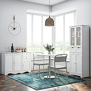 HORSTORS Tall Storage Cabinet, Freestanding Kitchen Pantry Cabinet with Glass Doors and Shelves, Large Modern Cupboard with 2 Drawers for Home Office, White, 23.6" L x 11.8" D x 66.9" H