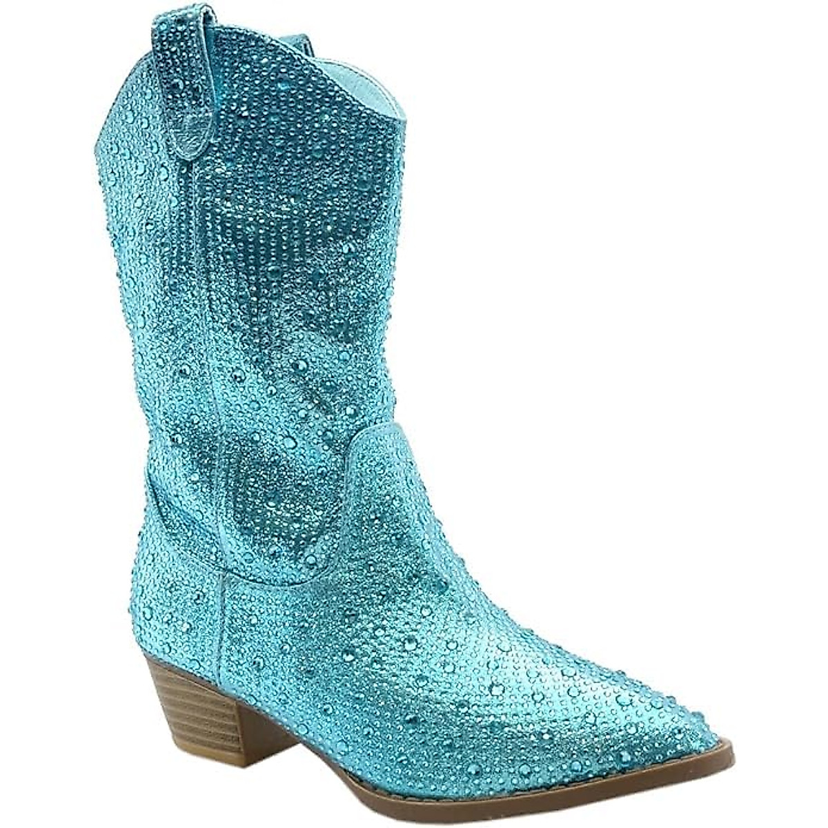 Forever Girls/Kids Rhinestone Western Cowgirl Cowboy Pointed Toe Low Heel Boots River-11K Blue 2