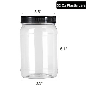 Fasmov 9 Pack 32 Oz Plastic Jars with Black Lids, Wide Mouth Clear Empty Plastic Storage Containers for Crafts, Dry Food, Peanut Butter, Honey and Jam Storage
