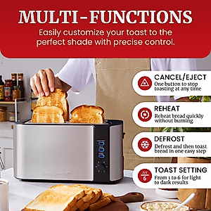 Elite Gourmet ECT-3100 Long Slot 4 Slice Toaster, Reheat, 6 Toast Settings, Defrost, Cancel Functions, Built-in Warming Rack, Extra Wide Slots for Bagels & Waffles, Stainless Steel & Black