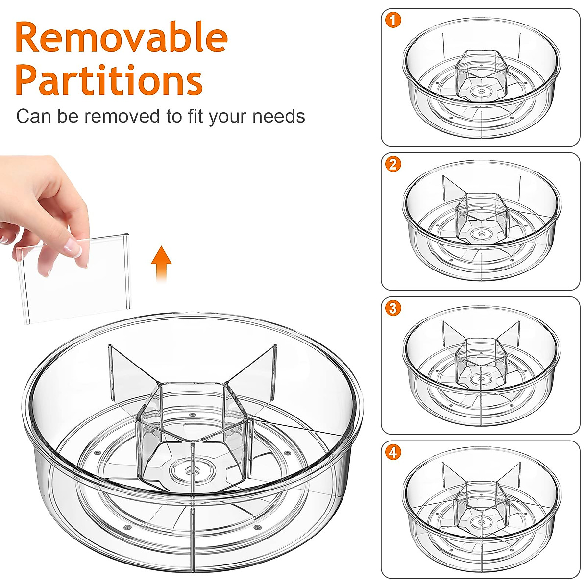 Lazy Susan Organizer, Clear Acrylic Large Lazy Susan Turntable Organizer with Dividers, Spinning Spice Lazy Susan Organizer Pantry for Cabinet/Bathroom/Countertop/Refrigerator/Kitchen