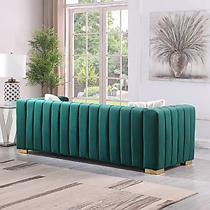 JUSTONE Modern Sofa Couch for Living Room, Mid Century 3-Seater Velvet Chesterfield Sofa, Upholstered Couch with Gold Leg&Pillows for Apartment, Office,Easy to Install- Dark Green