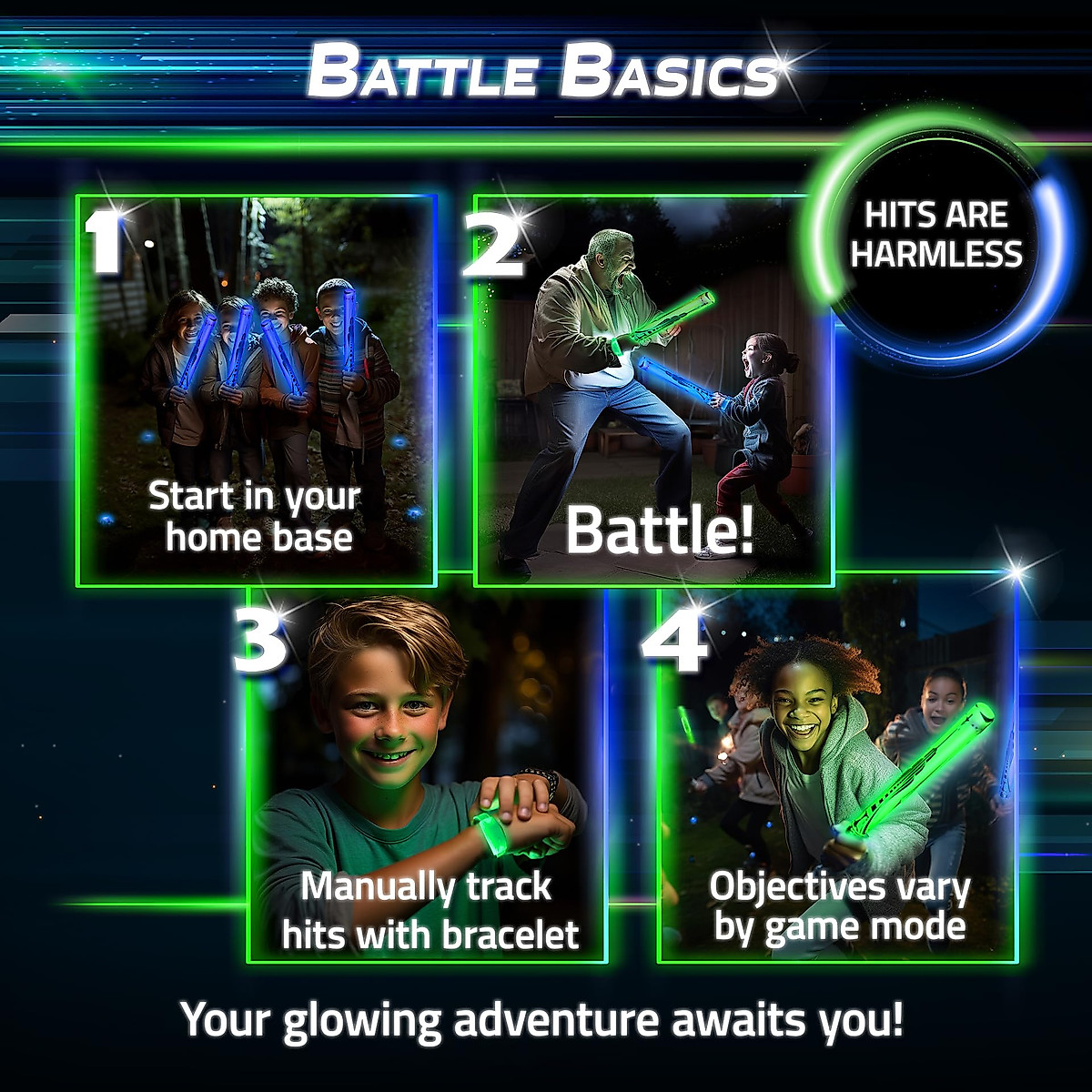 Glow Battle - Family Pack: A Thrilling, Glowing Sword Game | 2-8 Players, Age 8+ | Unique Family Games for Kids and Adults Idea | Outdoor Toys for Kids 8-12+ | Glow Games for Kids 8-12+