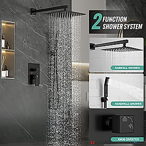 SR SUN RISE Black Square Rainfall Shower Head and Handle Set, Wall Mounted Shower Fixtures, Metal Shower Faucet Trim Repair Kits (With Shower Valve)