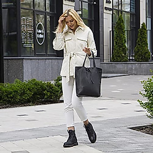 TAKEASY Women's Genuine Leather Italian Tote Bag with Zipper - Large Handbag for Shopping, Work and Travel (Black)