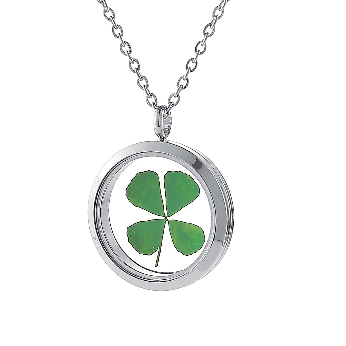 FM FM42 Silver-tone Dried Leaves Lucky 4-Leaf Clover Round Glass Stainless Steel Locket Pendant Necklace FN3059