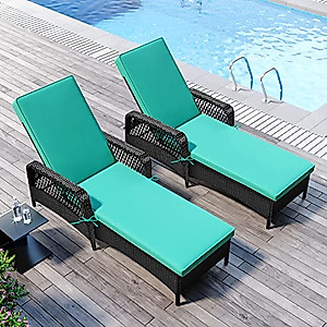 DHHU Foldable Chaise Sun Lounger Terrace, Outdoor Rattan Lounge Chair, Adjustable Back Recliner, (2 Set), Black Wicker/Green Cushion
