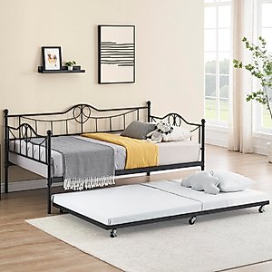 IDEALHOUSE Twin Bed with Trundle, Twin Daybed Metal Guest Sofa Bed Frame for Living Room, Bedroom, Heavy Duty, No Box Spring Needed, Space Saving, Black