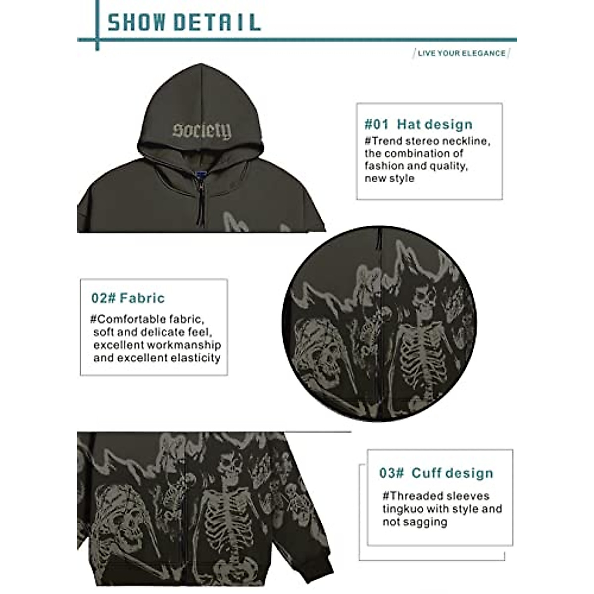 NUFR Unisex Skull Skeleton Zip Up Hoodie Vintage Jacket Goth Harajuk Grunge Sweatshirt For Men and Women Black2