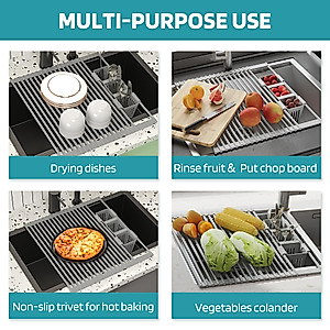 Roll Up Dish Drying Rack, Silicone Wrapped Over The Sink Multipurpose Foldable Dish Drainer Anti-Slip Dish Racks for Kitchen Counter, Sink Drying Rack Cover with Utensil Holder (Gray, 17.3" x 17.6")