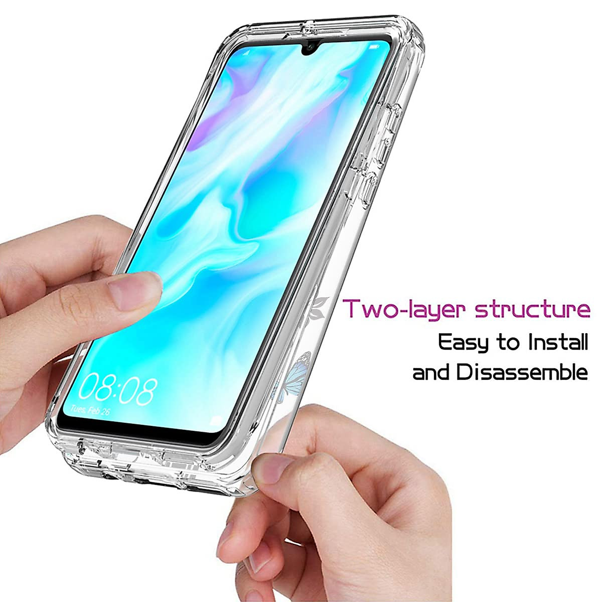 Vavies Phone Case for Huawei P30 Lite/Nova 4E, Butterfly Tree Floral Design, Clear TPU, Full Body Protection, Tempered Glass Screen Protector, Compatible with MAR-LX3A Models