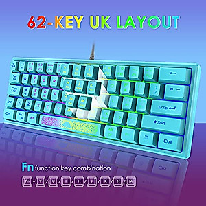 60% Gaming Keyboard and Mouse Combo Rainbow LED Backlit Keyboard with 61 Keys Membrane Mini Portable Ergonomic Design Ultralight Gaming Mouse 6400 DPI,Gaming Mouse Pad for Windows PC Gamers(Blue)