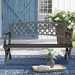 Outdoor Bench Garden Bench, Weatherproof Anti-Rust Heavy-Duty Outside Bench Clearance, Wrought Iron Metal Bench for Front Porch, Patio, Park, Ergonomic Backrest, Slatted Seat, Black/ 50 Inch furniture