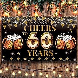 Cheers to 60 Years Backdrop Banner, Happy 60th Birthday Decorations for Men Women, 60th Anniversary Decorations, 60th Reunion, Black Gold 60 Years Celebration Party Decor, Vicycaty (6.1ft x 3.6ft)